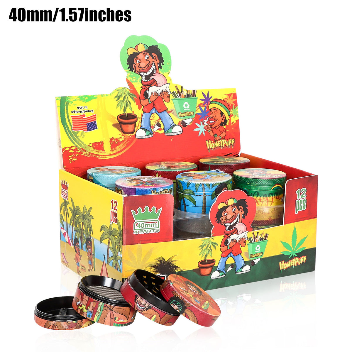 HONEYPUFF 40 mm Zinc Metal Herb Grinder, Rasta Style 4 Lay Smoker Grin